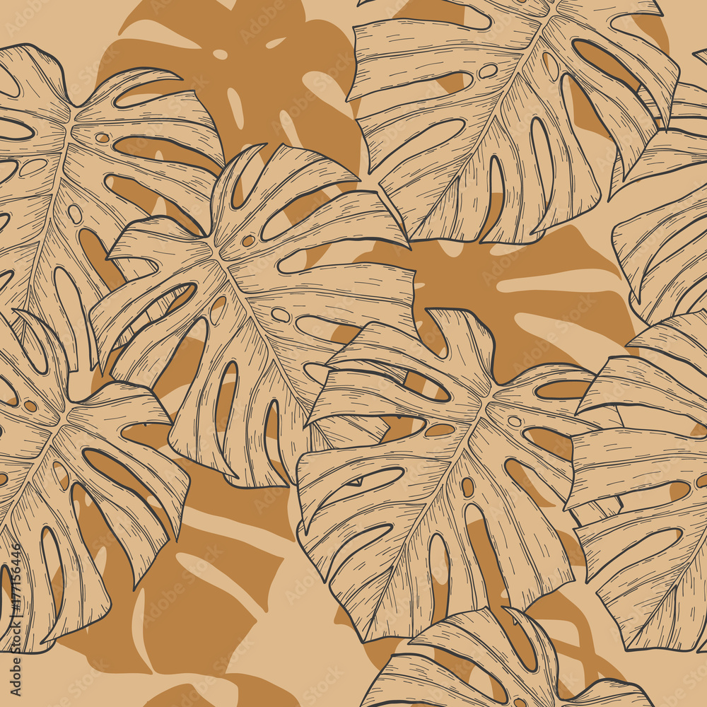 Monstera pattern by hand drawing.Monstera vector seamless on vintage ...