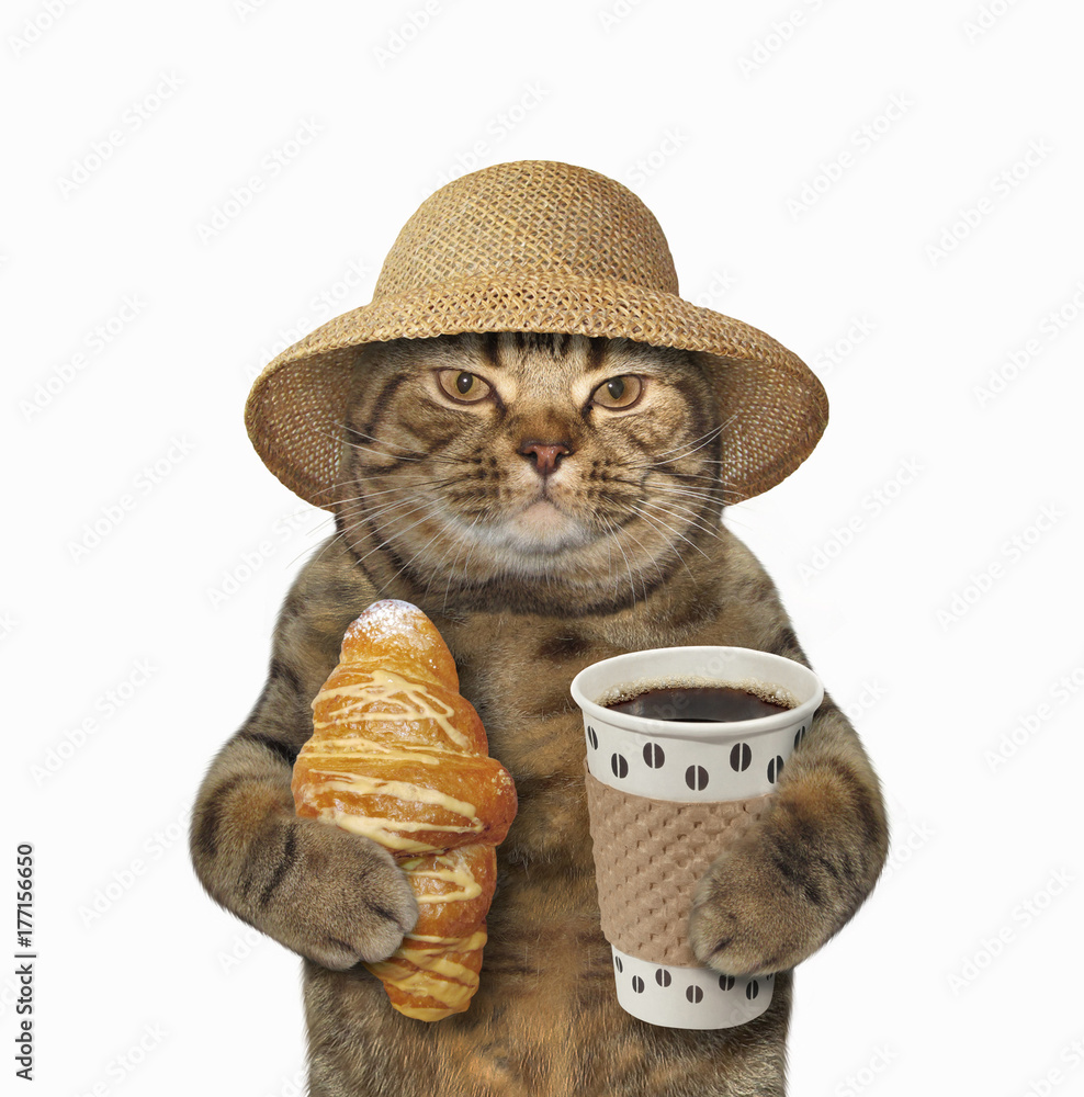 The Cat In A Straw Hat Is Holding A Cup Of Black Coffee And A Croissant White Background Stock