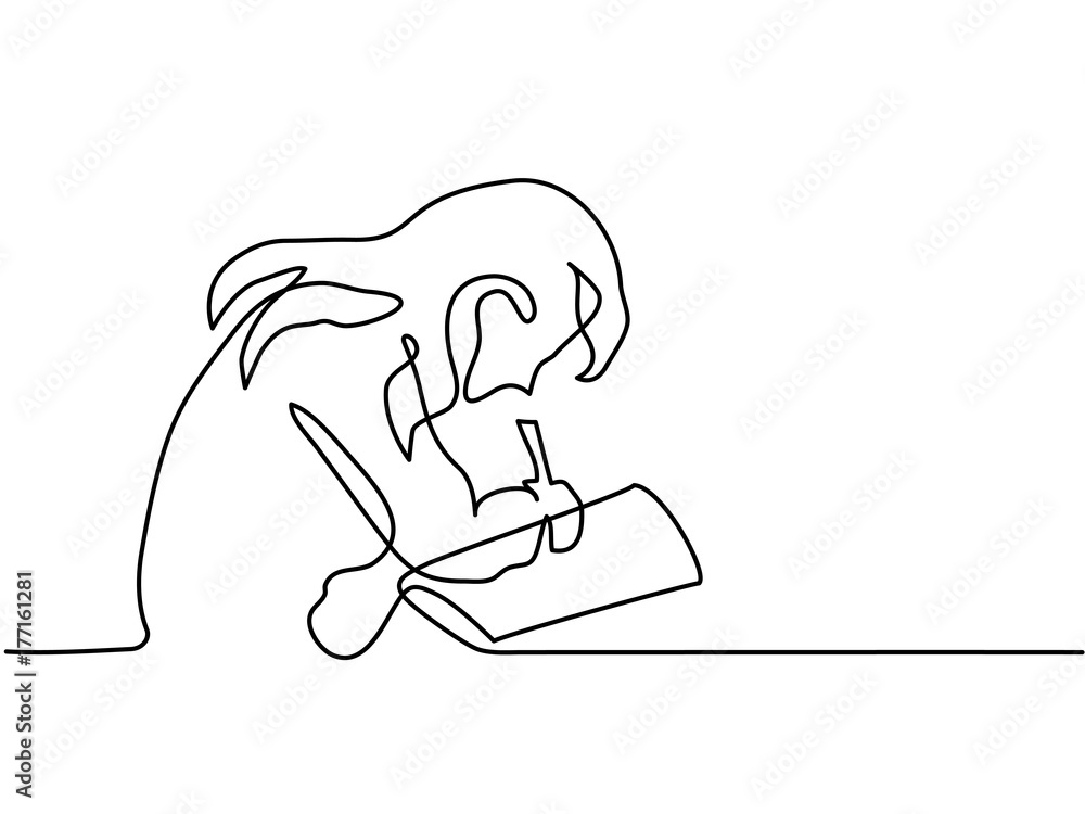 Continuous line drawing. Girl writes in notebook. Vector illustration ...
