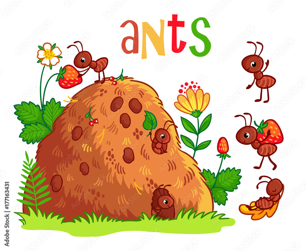 Vector illustration with an anthill and ants. Insects in the cartoon style. Stock Vector | Adobe ...