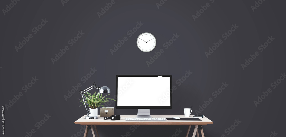 Computer display and office tools on desk. Desktop computer screen ...