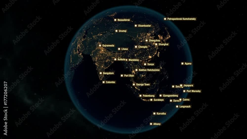 Cities of the World. City Names Appears on the Globe with Night Lights ...