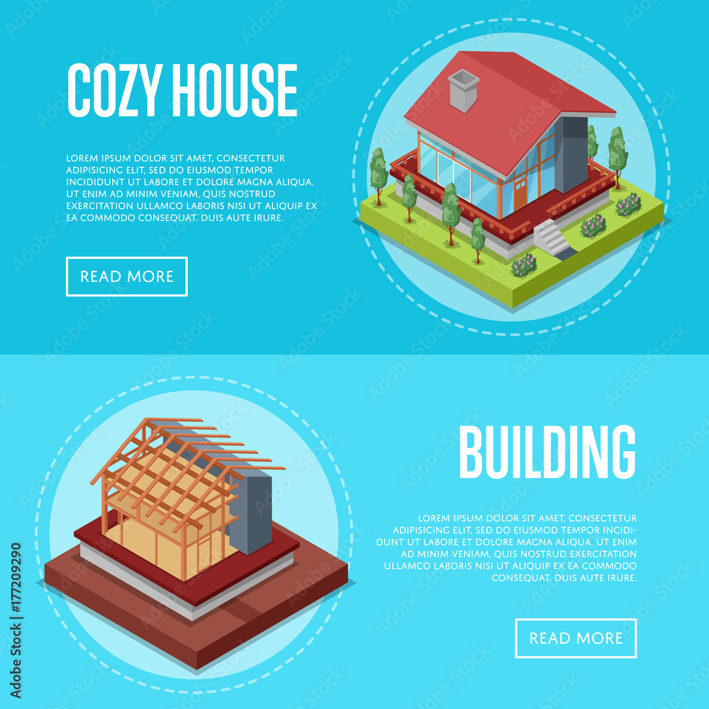 Cozy house building posters set. House framework construction, walls ...
