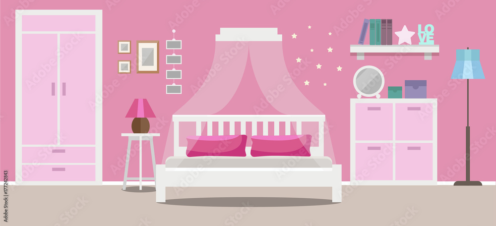 Girl's room interior, teenager room, pink colors, flat style vector ...