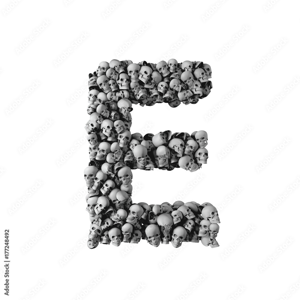 Skull font letter E. Letter made from lots of skulls. 3D Rendering ...