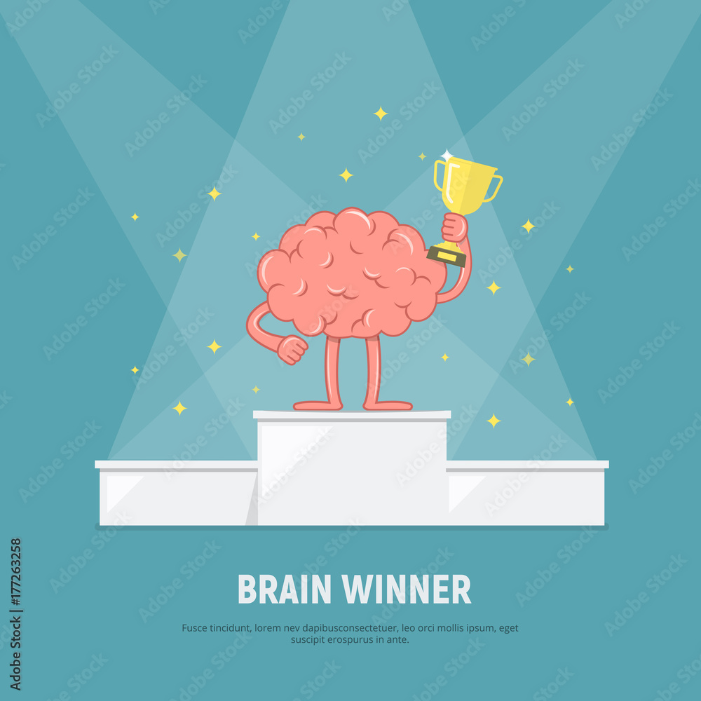 Cartoon brain stands on the winners podium. Brain with winners cup ...