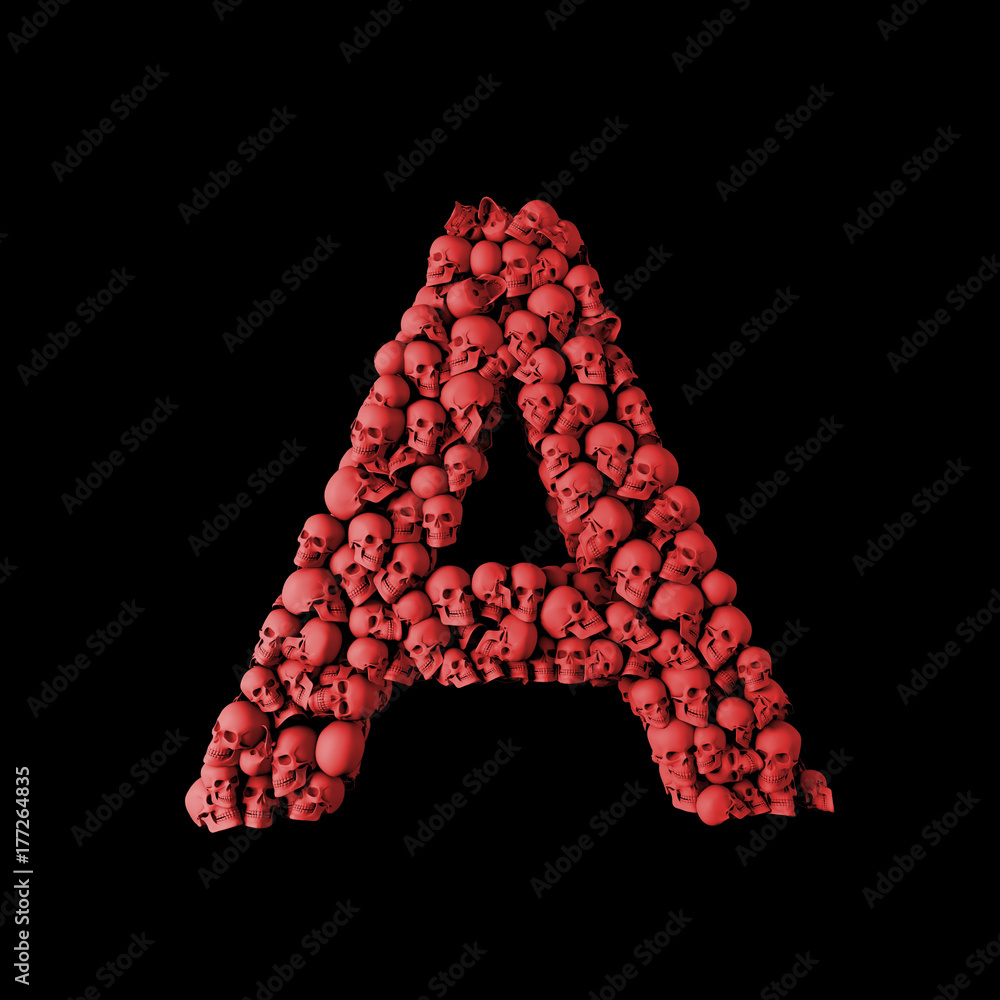 Letter A red skull font. Type made from skulls. 3D Rendering Stock ...