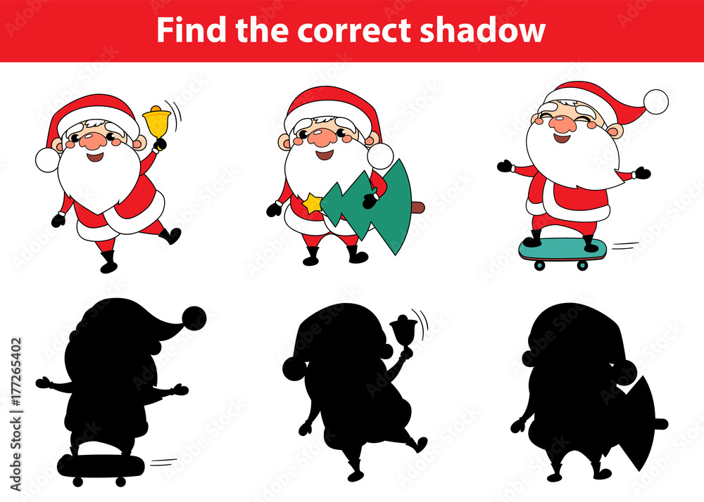 Game for children: find the correct shadow (Santa Claus with bell ...