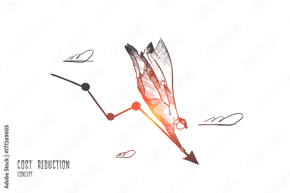 Cost reduction concept. Hand drawn graph of cost reduction comes down ...
