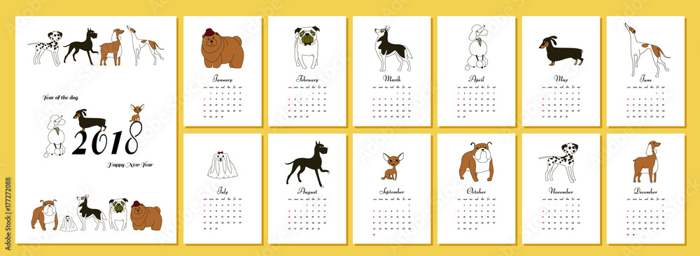 Monthly creative calendar 2018 with dog breeds. Concept, vector ...