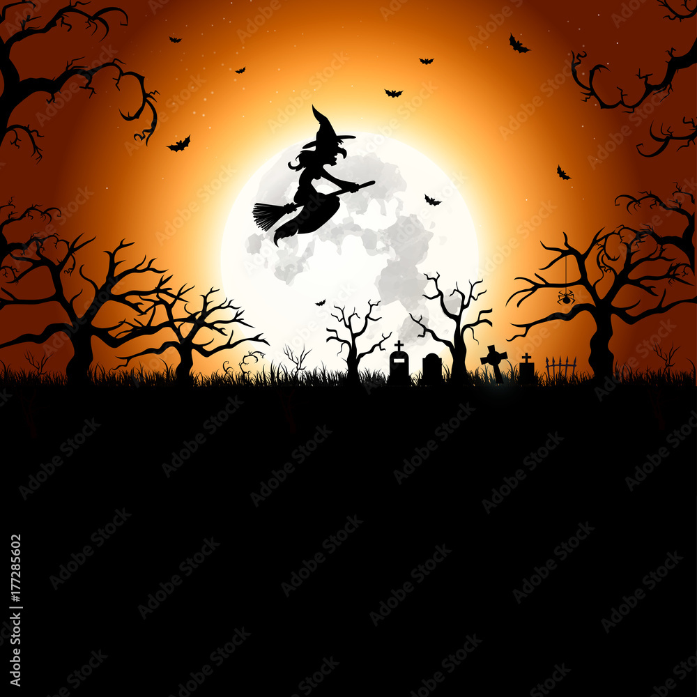 Vecteur Stock Halloween, sorcière et cimetière | Adobe Stock