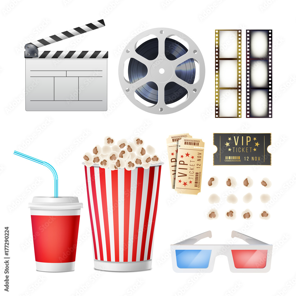 Cinema Movie Icons Set. Realistic Popcorn, 3D Glasses, Film-strip, Reel ...