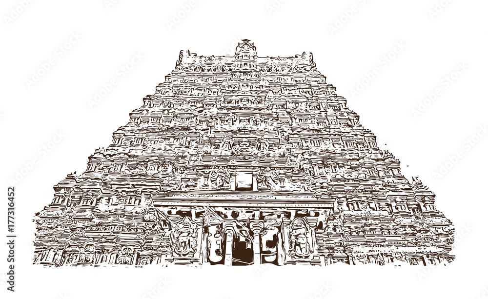 Sketch of Meenakshi Amman Temple, Madurai, Tamil Nadu, India in vector ...