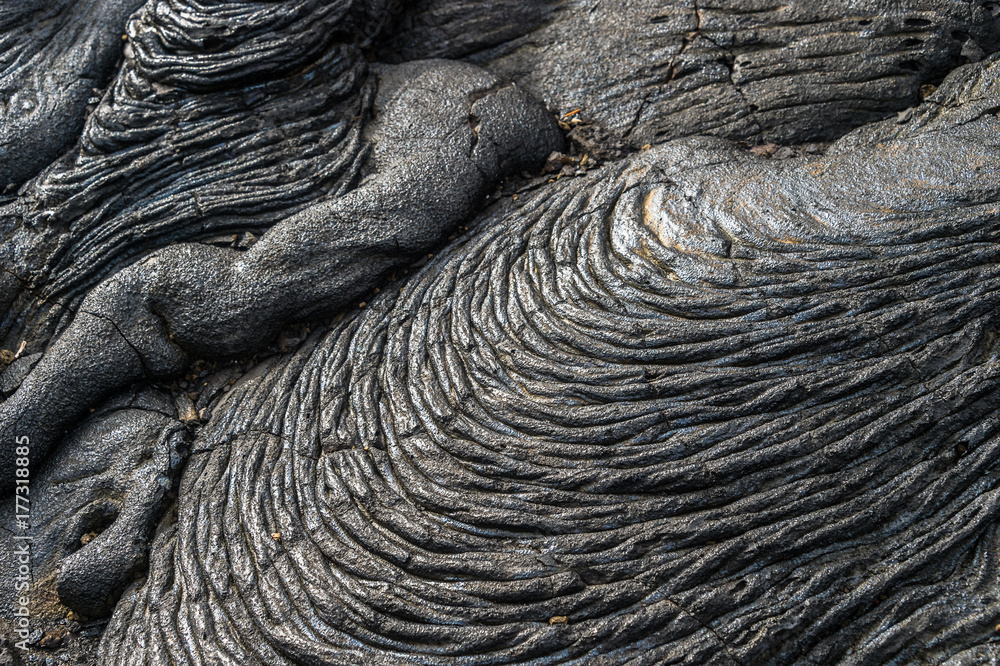 Pahoehoe or rope lava, on Rabida Island, Galapagos. It is formed of ...