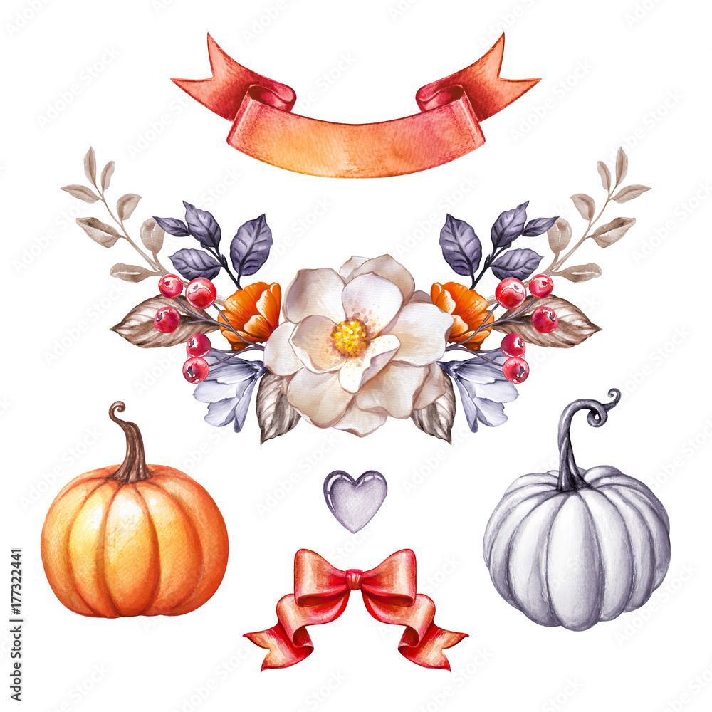 autumn floral garland, bouquet, botanical, red ribbon banner, pumpkins ...