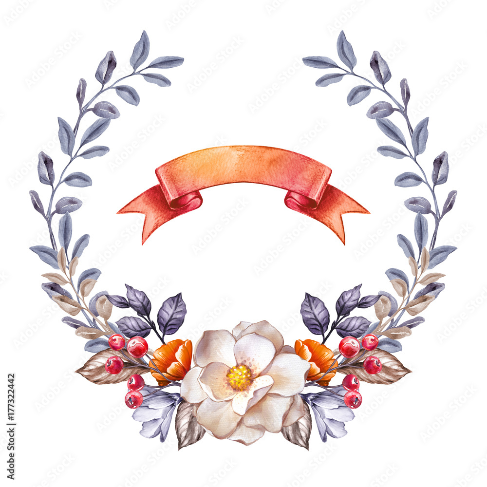 round floral laurel wreath, autumn botanical frame, fall flowers, red ...