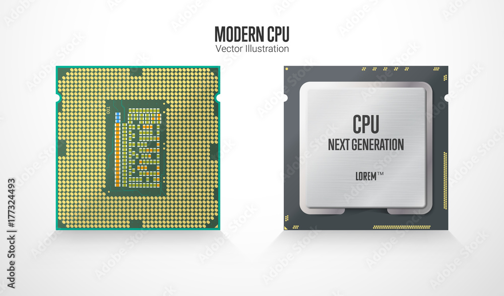 A modern computer processor. Front and back side. Realistic vector ...