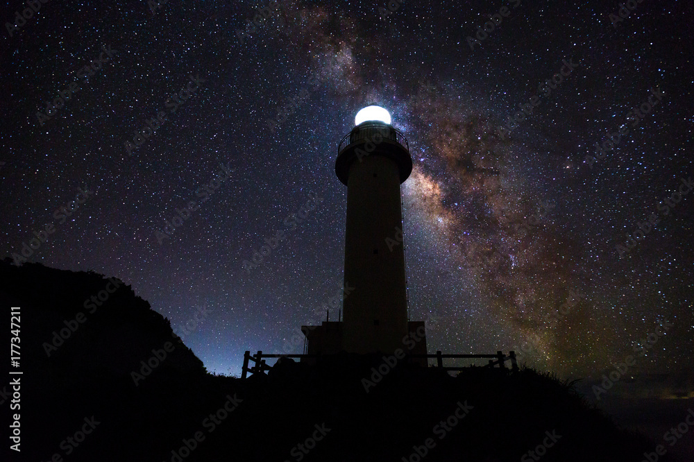 The Uganzaki Lighthouse at night with the Milky Way behind it in ...