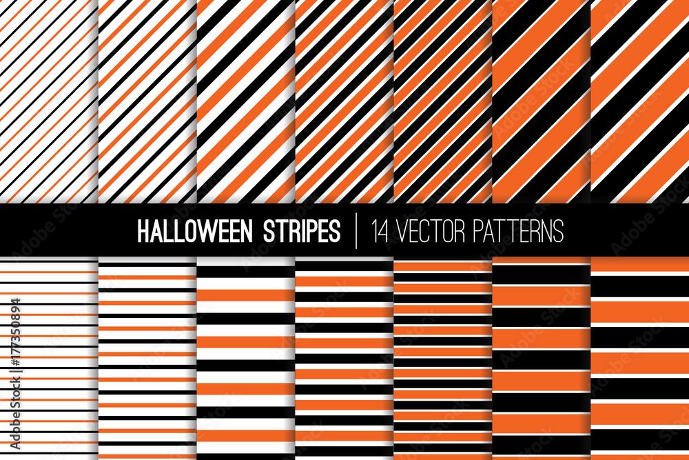 Halloween Stripes Vector Patterns. Orange, Black and White Diagonal and ...