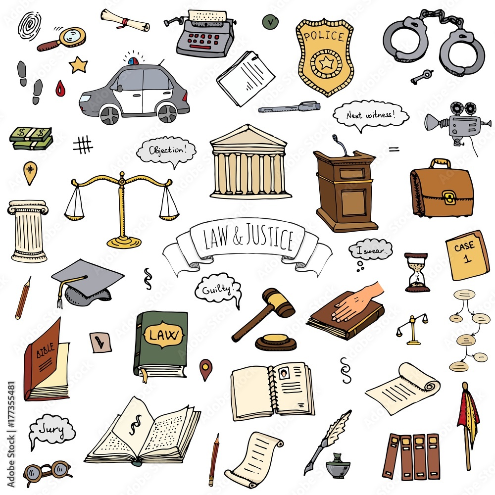 Hand drawn doodle Law and Justice icons set Vector illustration sketchy ...