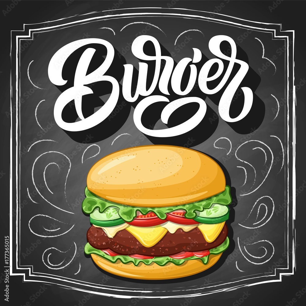 Burger hand lettering with hamburger colorful cartoon sketch, vintage ...