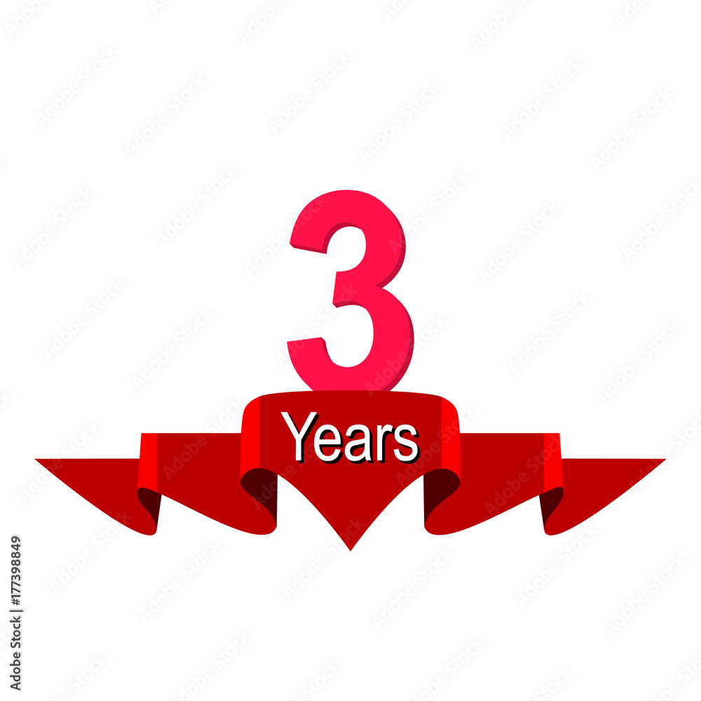 3rd year anniversary background with red ribbon on white. Poster or ...