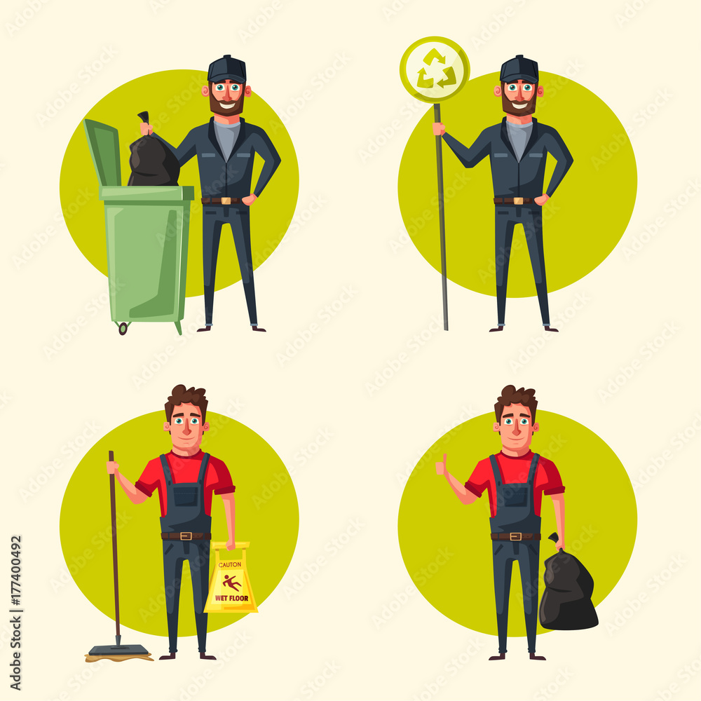 Cleaning staff character with equipment. Cartoon vector illustration ...