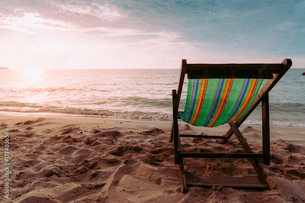 beach chair on the beach with sunset sky background. Stock Photo ...