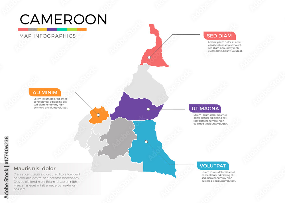 Cameroon map infographics vector template with regions and pointer ...