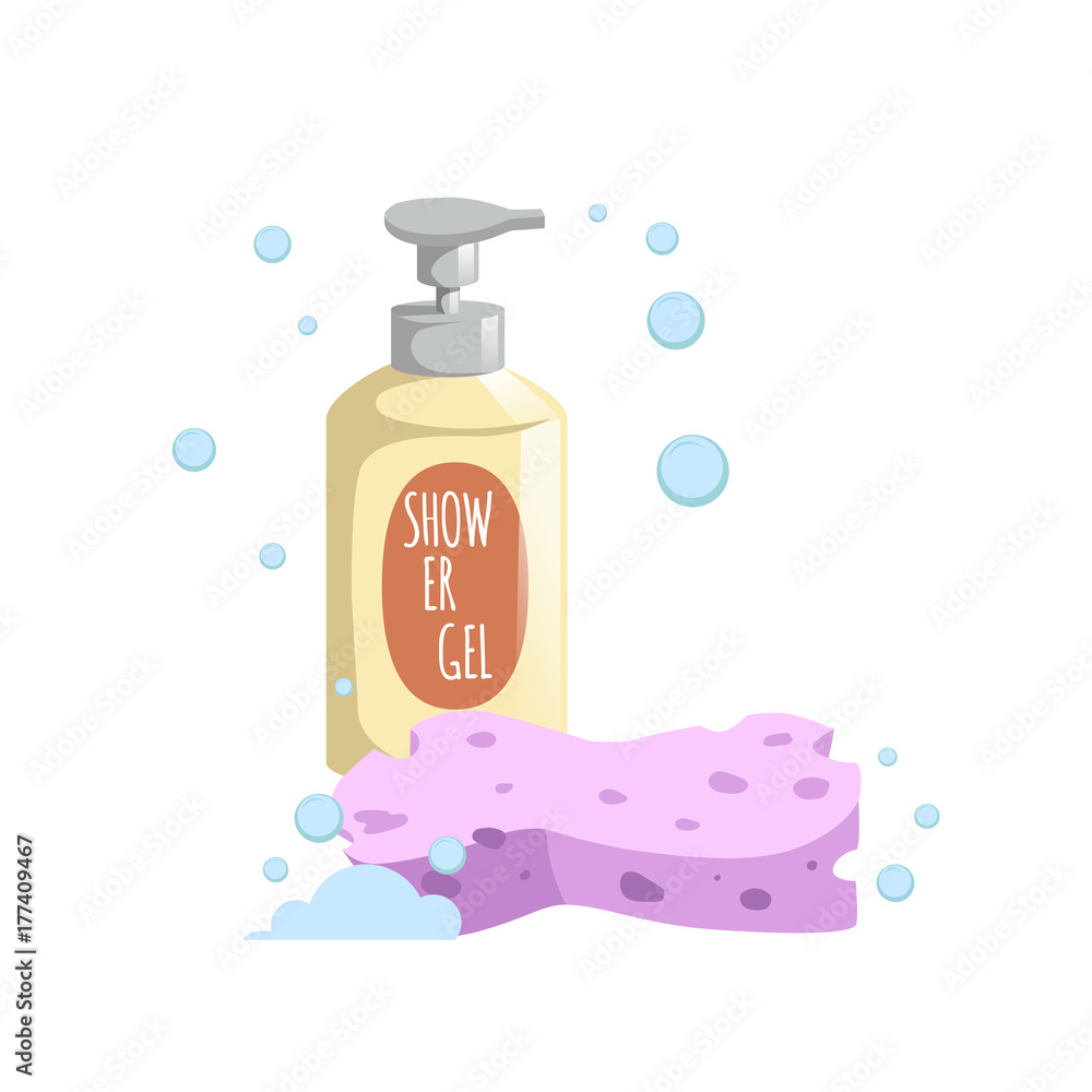 Cartoon trendy design yellow bottle with dispenser and pink bath sponge ...