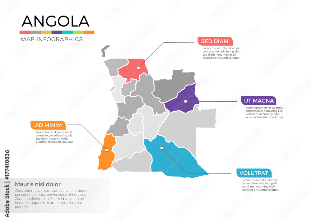Angola map infographics vector template with regions and pointer marks ...