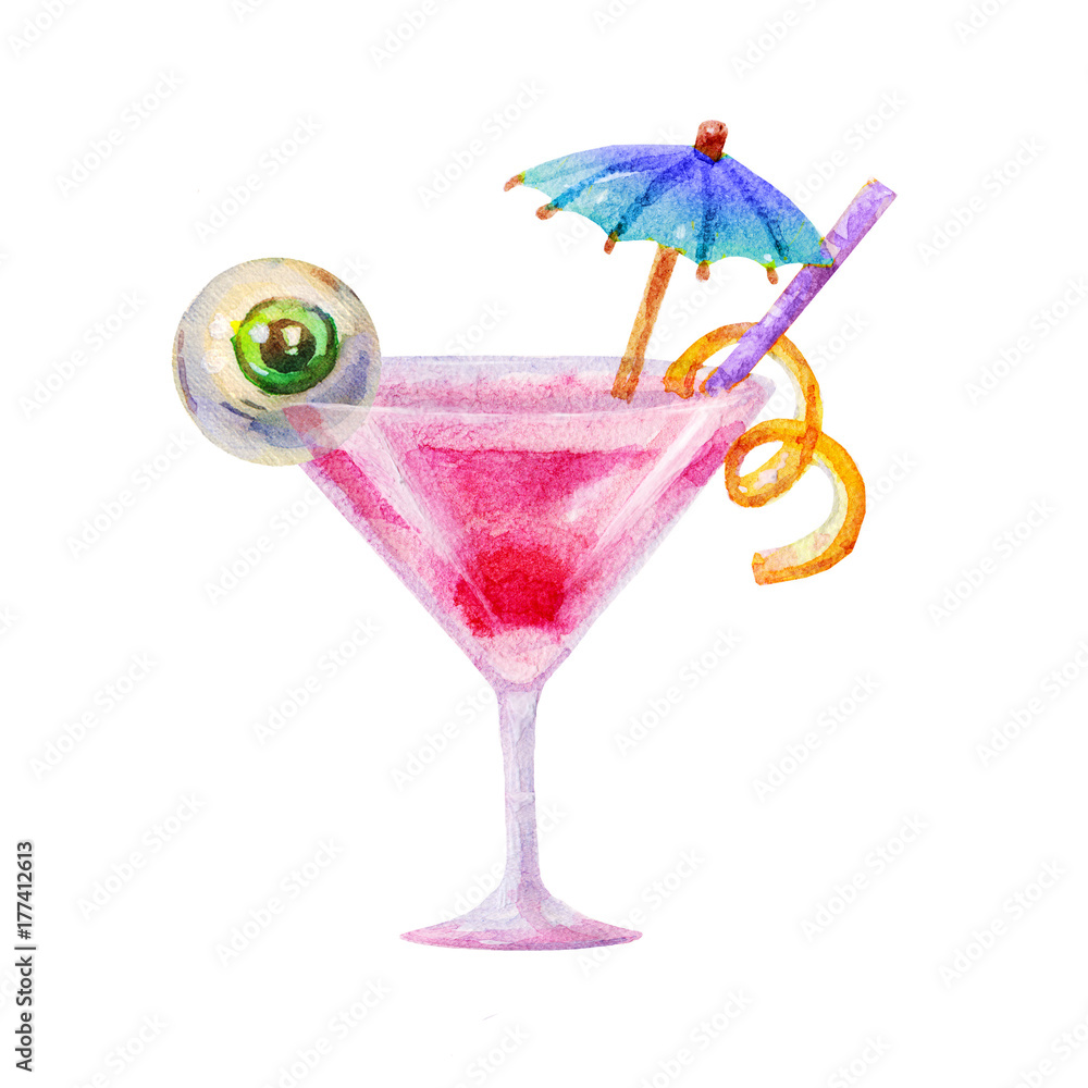 Colorful Watercolor zombie cocktail with eye illustration isolated on ...