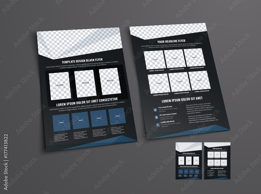 Vector black flyer template with abstract geometric shapes for a photo ...