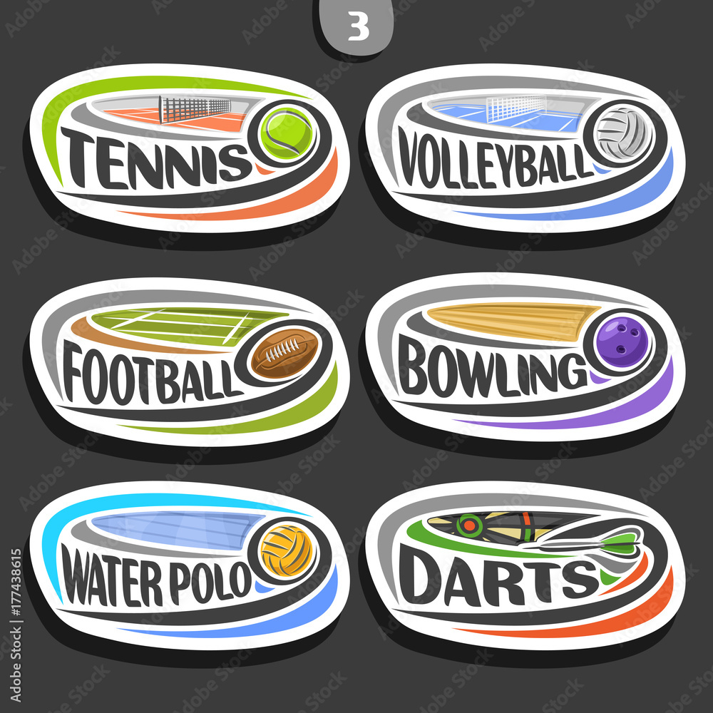 Vector set of sport logos, 6 oval simple badges with flying ball on ...