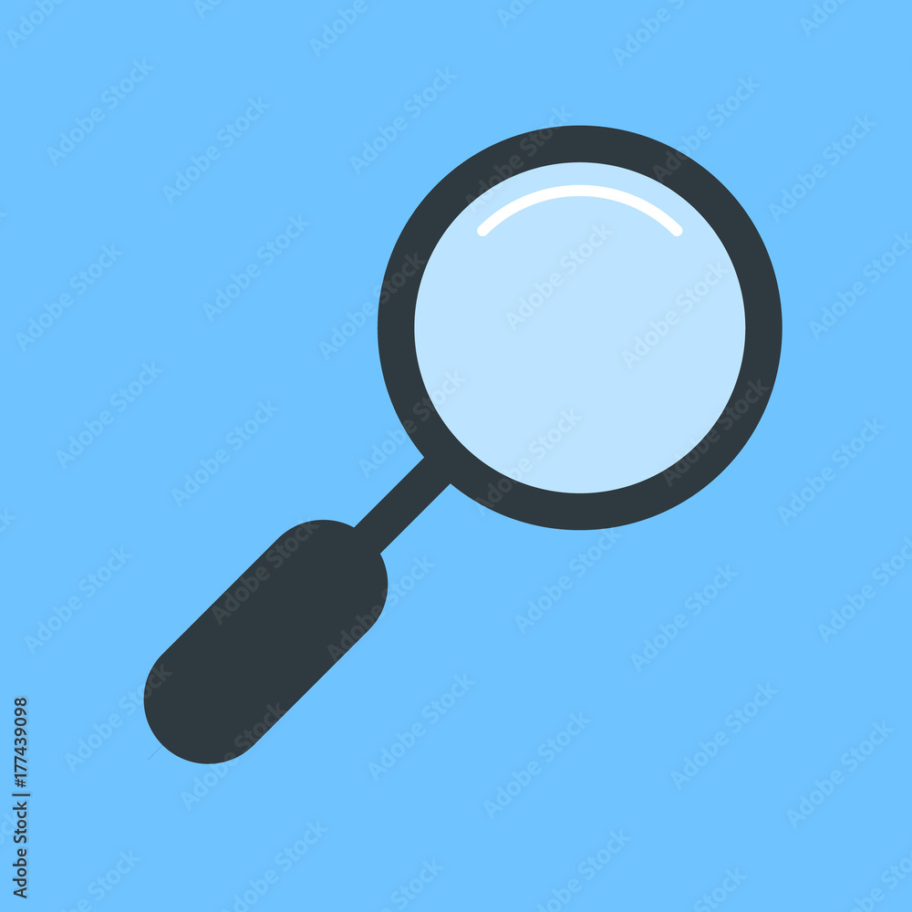 Flat simple magnifier isolated on blue background. Black outline search ...