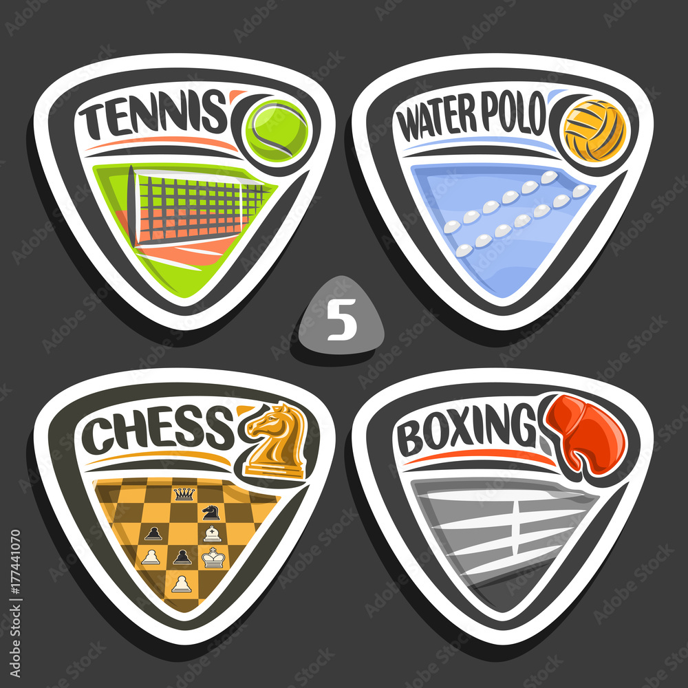 Vector set of sport logos, 4 triangle simple badges with balls, sports ...