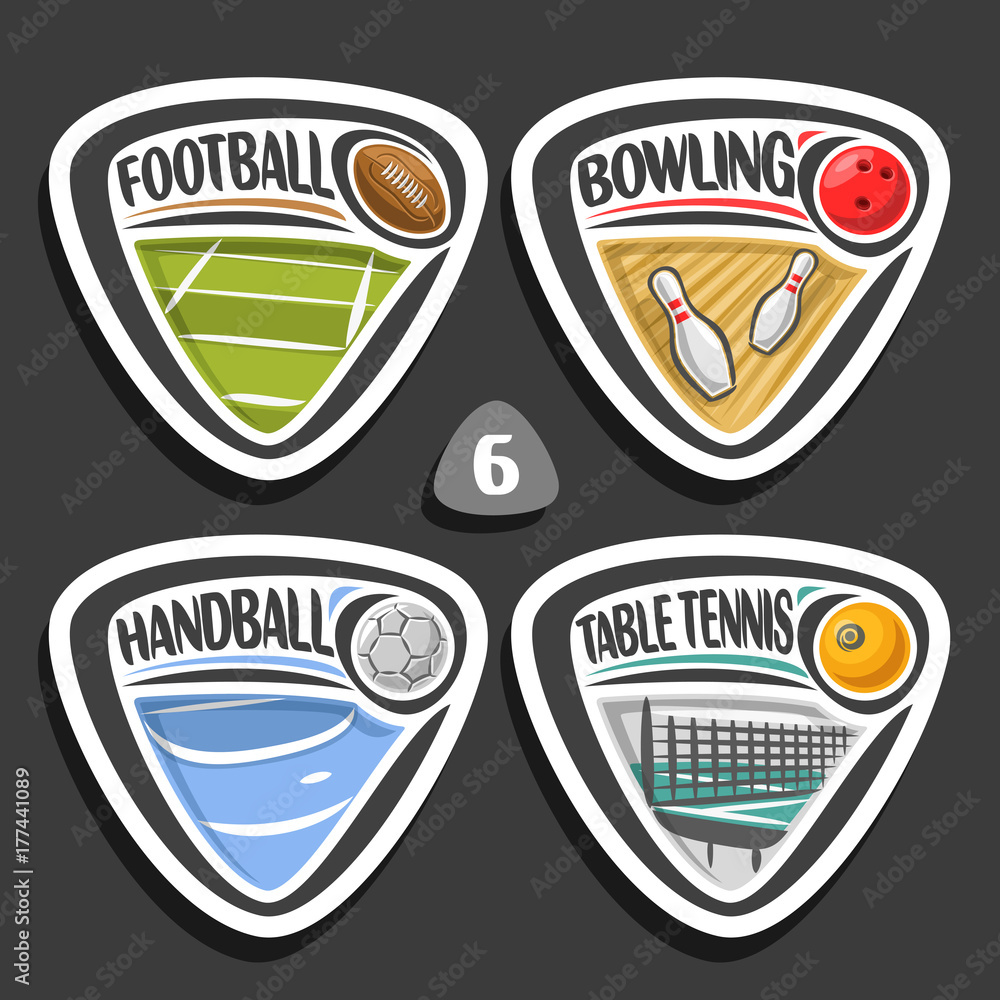 Vector set of sport logos, 4 triangle simple badges with balls, sports ...