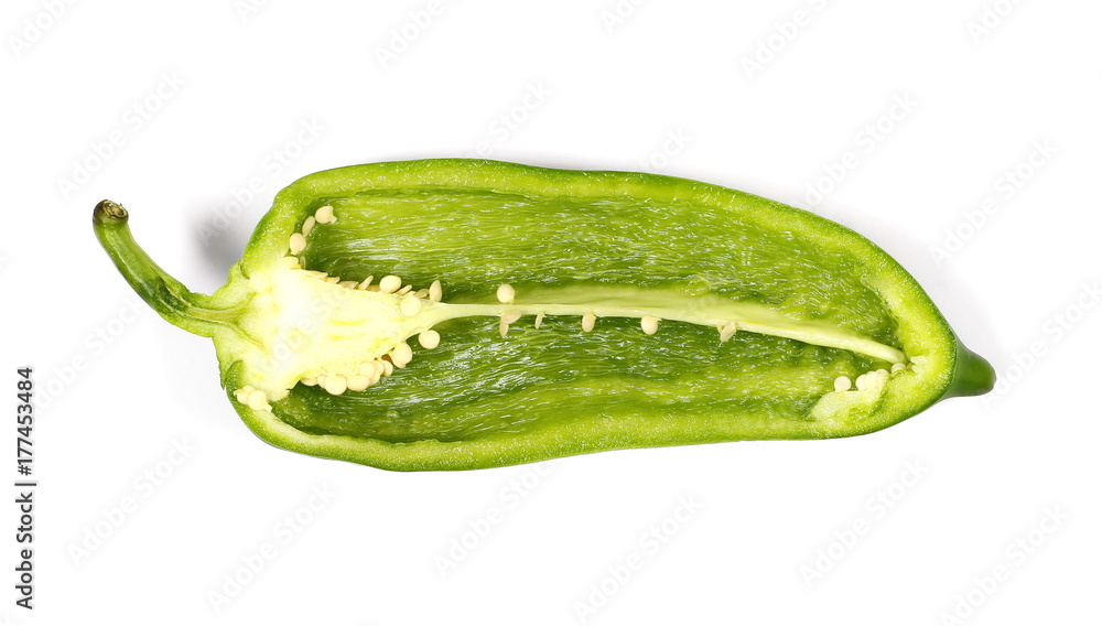 green pepper cut in half, slice isolated on white background, top view ...