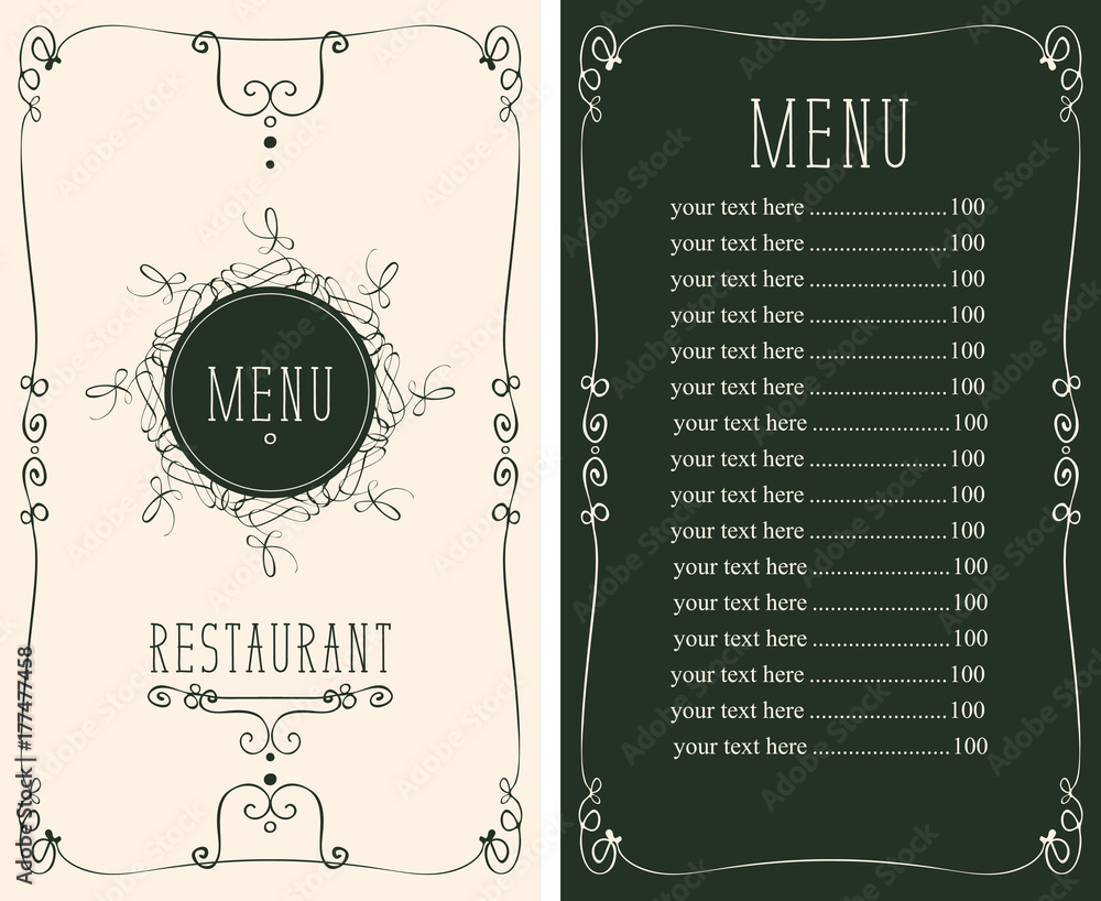 Vector menu for restaurant with curlicues and price list in curly frame ...
