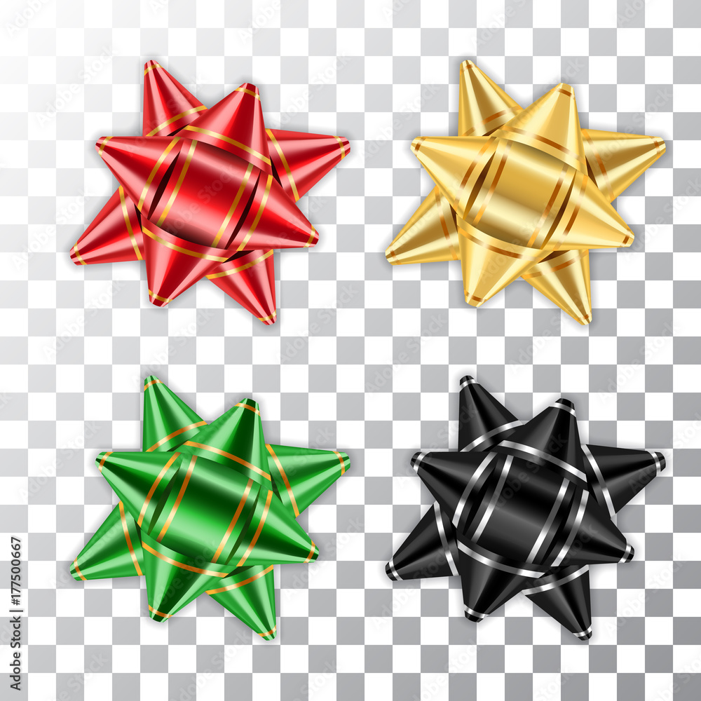 Red, gold, black, green bow ribbons set. Decor elements Shiny template ...