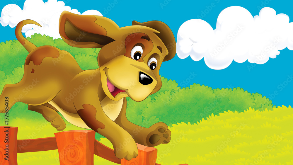 cartoon scene with a dog jumping over wooden fence and having fun ...