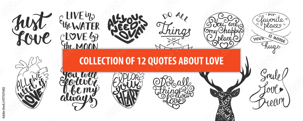Set of romantic and love vector hand drawn unique typography design ...