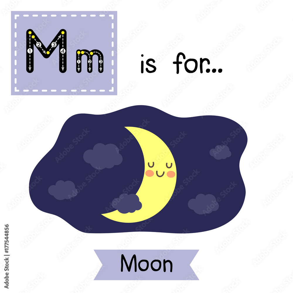 Cute children ABC alphabet M letter tracing flashcard of Moon for kids ...