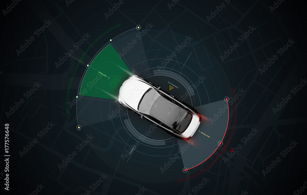 Smart car sensors - futuristic concept, top view with background map ...