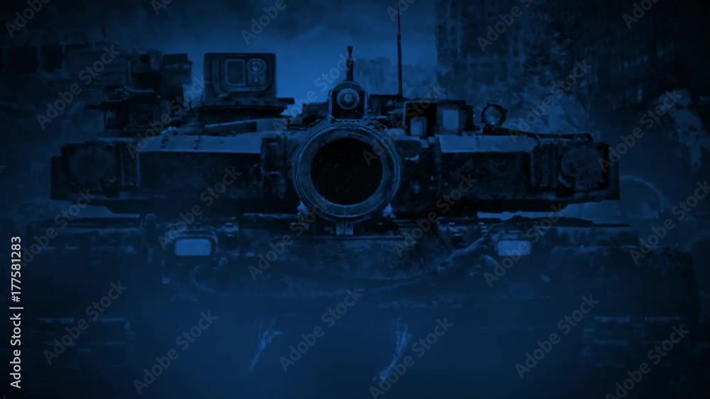 Creepy battle tank rides through ruined night city during zombie ...