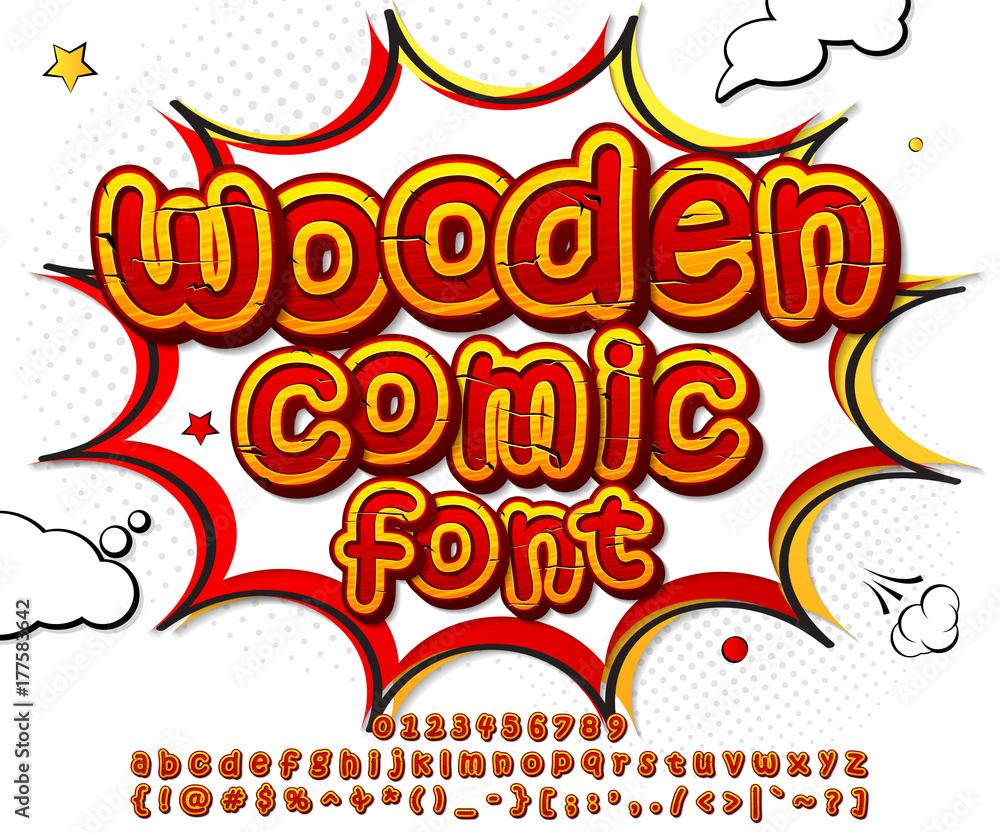Colorful wooden font on comic book page. Alphabet in style of comics ...