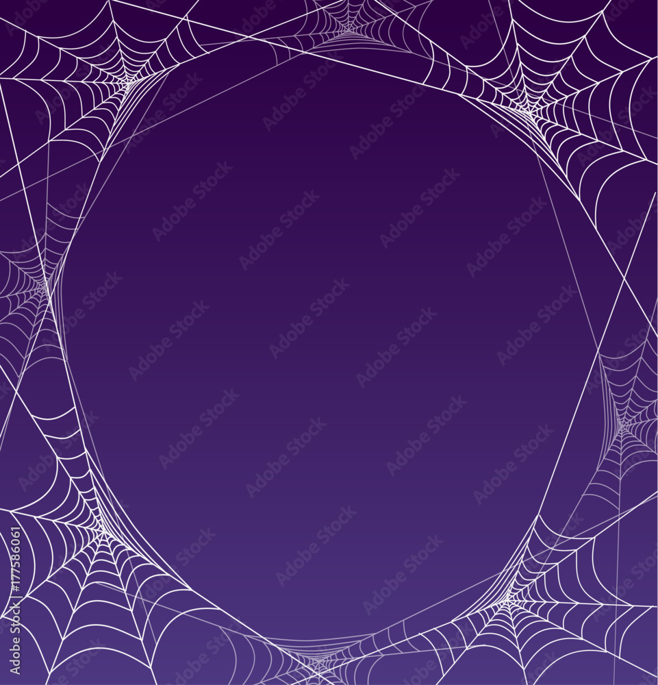 Spooky spider web frame with purple background. Space for text. For ...