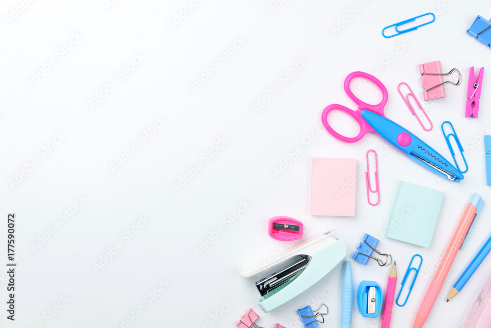 Stationary concept, Flat Lay top view Photo of school supplies scissors ...