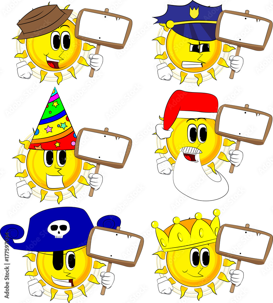 Cartoon sun holding blank sign. Collection with costume. Expressions ...