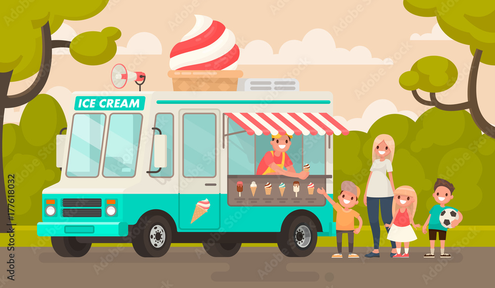 Children and an ice cream truck in the park. Vector illustration in a ...